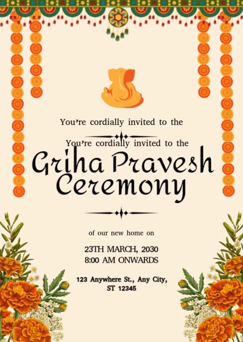 Yellow Floral Griha Pravesh Invitation A6 Template | PosterMyWall