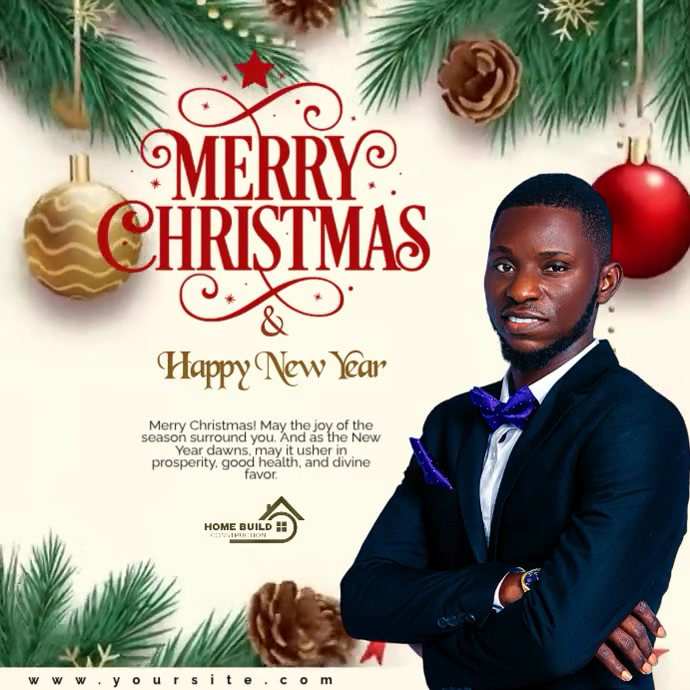 Yellow Floral Merry Christmas And Happy New Year Greeting Card ...