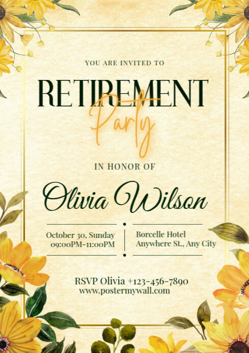 Yellow Floral Retirement Party A4 Template | PosterMyWall