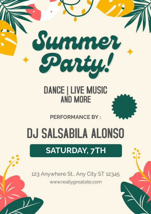 Yellow Floral Summer Party A4 Template | PosterMyWall