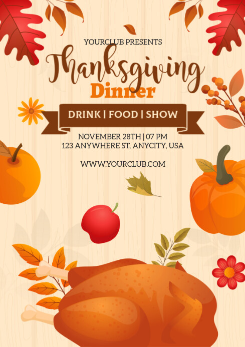 Yellow Floral Thanksgiving Dinner Poster Flyer A4 Template | PosterMyWall