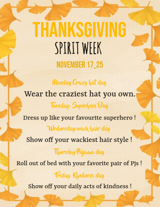 Yellow Floral Thanksgiving Spirit Week Flyer (us Letter) Template ...