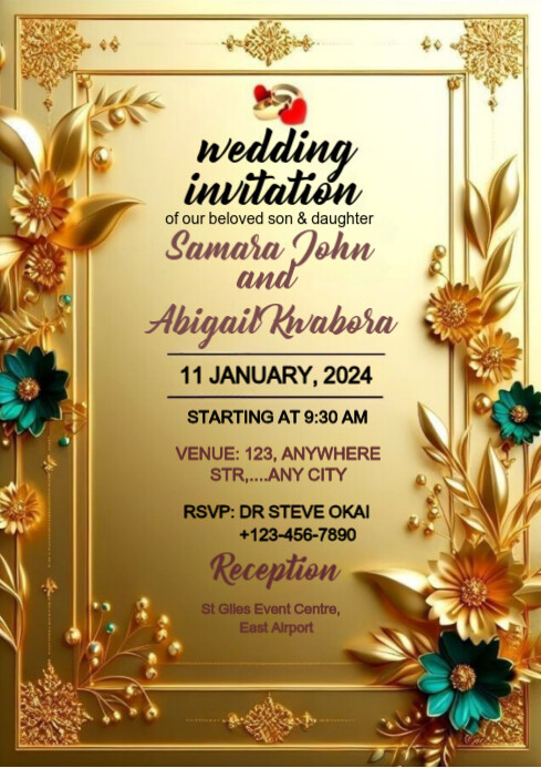 Yellow Floral Wedding Invitation Card Template A4 | PosterMyWall