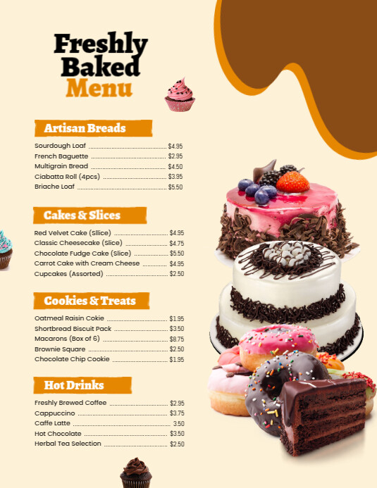 Yellow Freshly Baked Café Menu – Cakes, Cookies & Hot Drinks Flyer (us ...