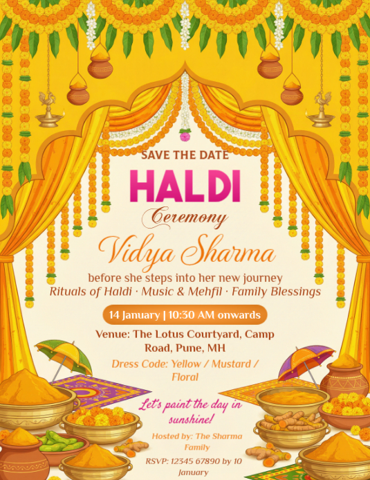 Yellow Haldi Ceremony Flyer Template | PosterMyWall