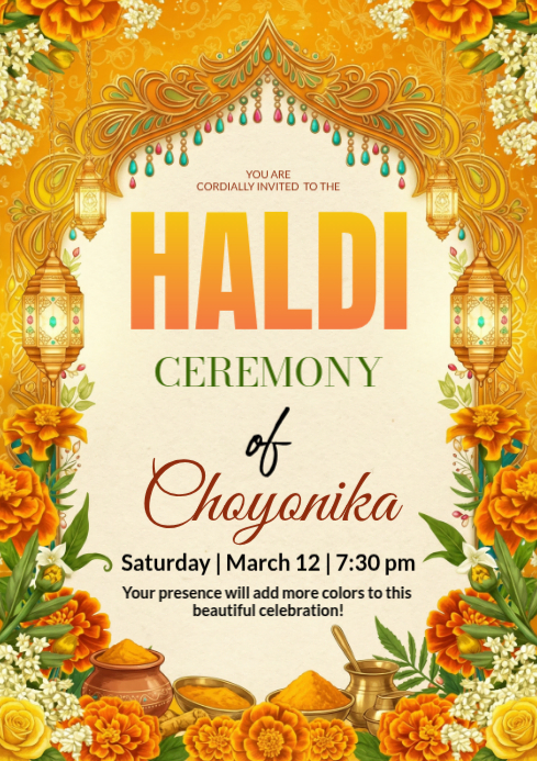 Plantilla de Yellow Haldi Ceremony Invitation A4 | PosterMyWall