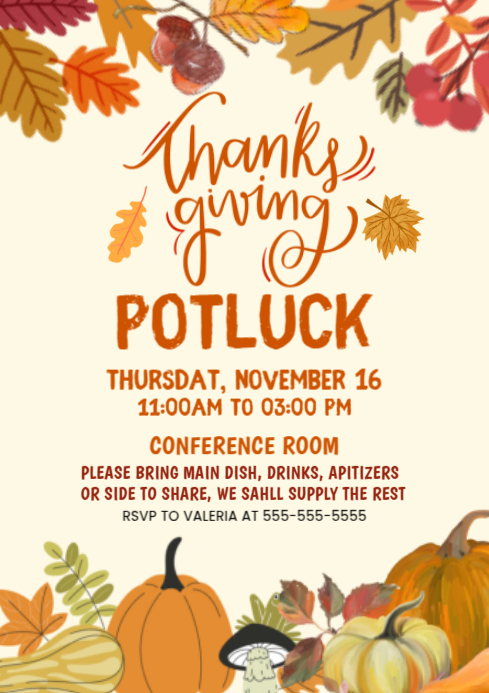 Yellow Illustrative Thanksgiving Potluck Invitation A4 Template ...