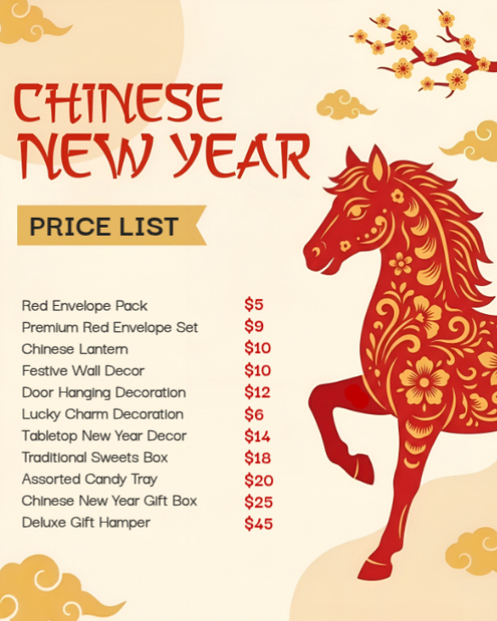 Yellow Illustrative Year Of The Horse Chinese New Year Price List ...