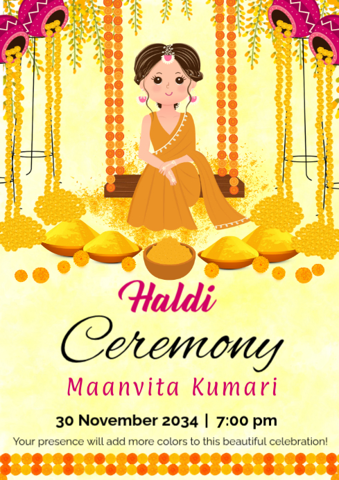 Yellow Ilustratif Haldi Ceremony Invitation A4 Template | PosterMyWall