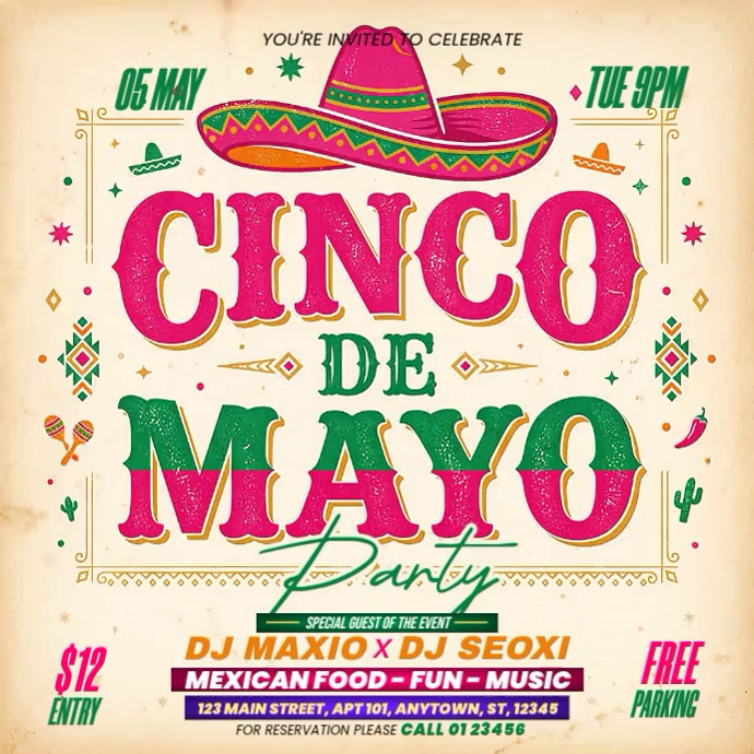 Yellow Joyful Cinco de Mayo Party Square Video Template | PosterMyWall