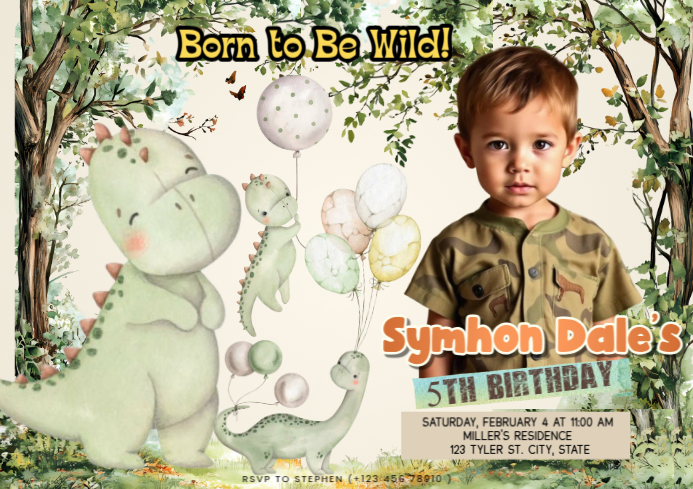 Yellow Joyful Dinosaur Birthday Invitation A4 Template | PosterMyWall