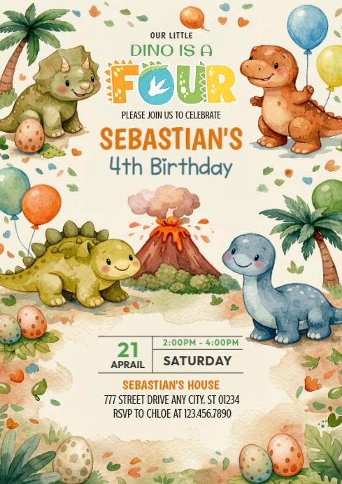 Yellow joyful dinosaur birthday party a4 Template | PosterMyWall