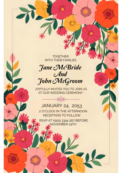 Yellow Joyful Floral Wedding Invitation Card A6 Template | PosterMyWall
