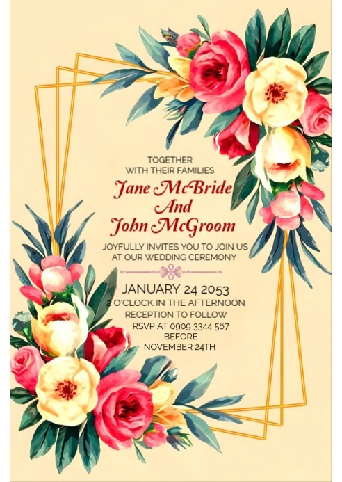 Yellow Joyful Floral Wedding Invitation Card A6 Template | PosterMyWall