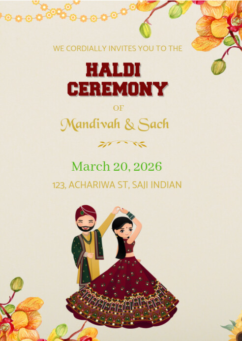 Plantilla de Yellow Joyful Gold Floral Indian Wedding Haldi Ceremony ...