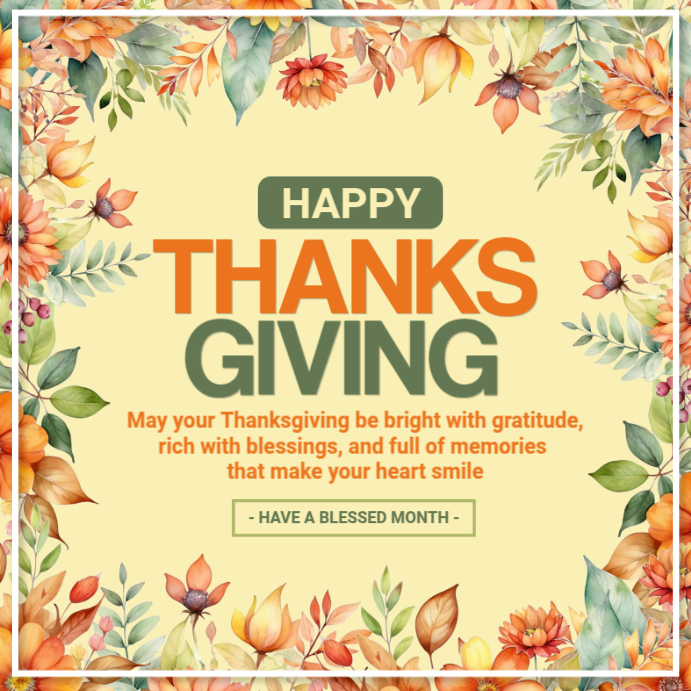 Yellow Joyful Happy Thanksgiving Greeting Instagram Post Template ...