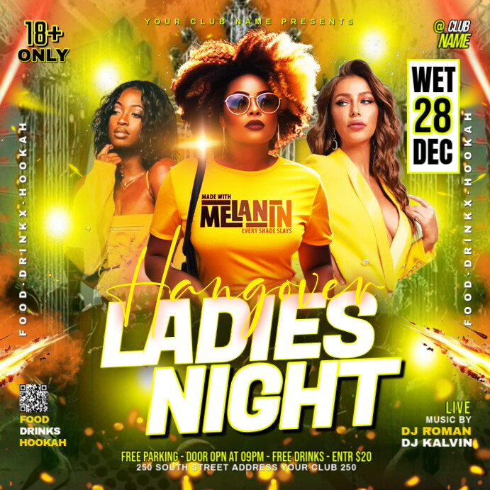 Yellow Joyful Ladies Night Hangover Party Flyer Square (1:1) Template ...