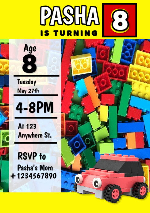 Yellow Joyful Lego Birthday Invitation Template A4 | PosterMyWall