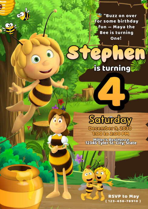 Yellow Joyful Maya The Bee Birthday A4 Template | PosterMyWall