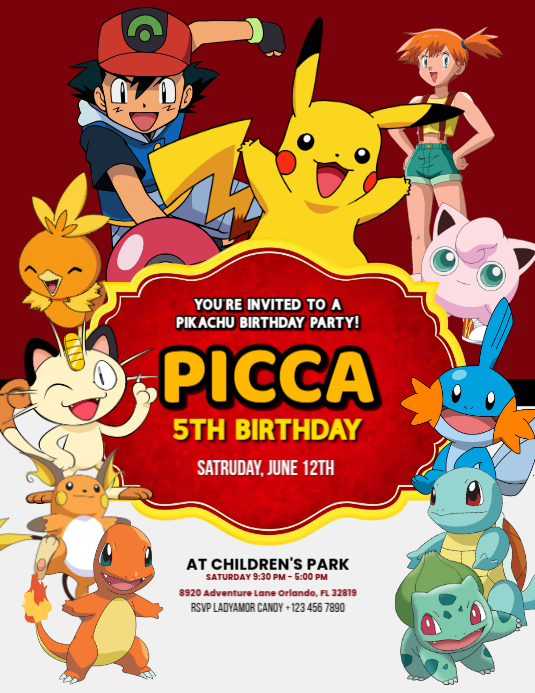 Yellow Joyful Pokemon Birthday Invitation Flyer (us Letter) Template ...