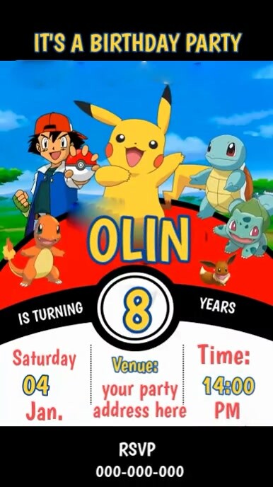yellow Joyful Pokemon Birthday Video Invitati Template | PosterMyWall