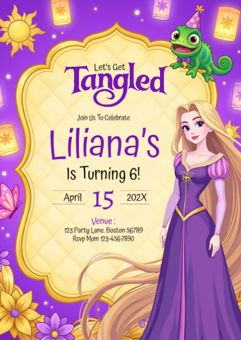 Yellow Joyful Rapunzel Birthday Party A6 Template | PosterMyWall
