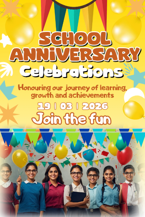 Yellow Joyful School Anniversary Celebration Poster Template | PosterMyWall