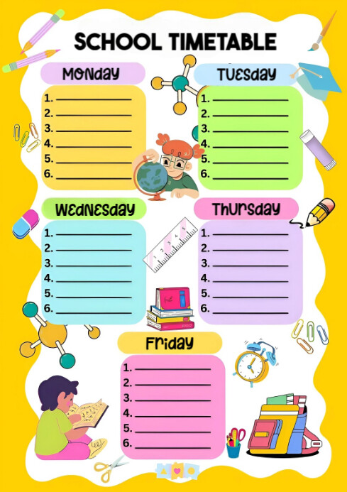 Plantilla de Yellow Joyful School Timetable A4 | PosterMyWall