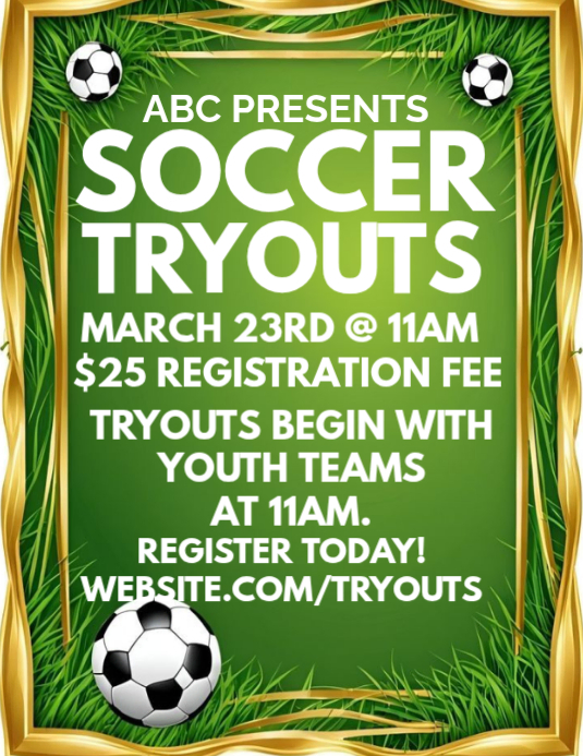 Yellow Joyful Soccer Tryouts Flyer Template | PosterMyWall