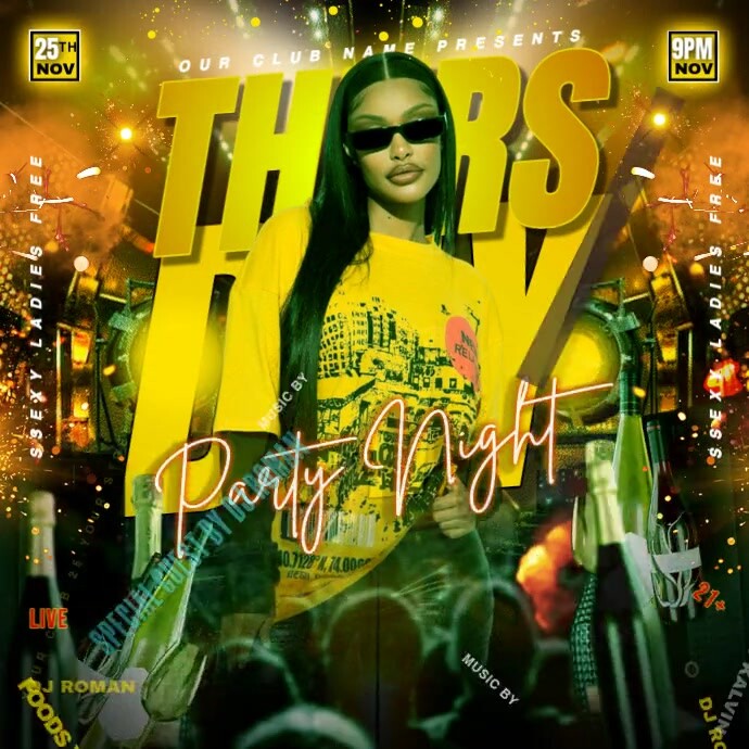 Yellow Joyful Thursday Night Party Flyer Square (1:1) Template ...