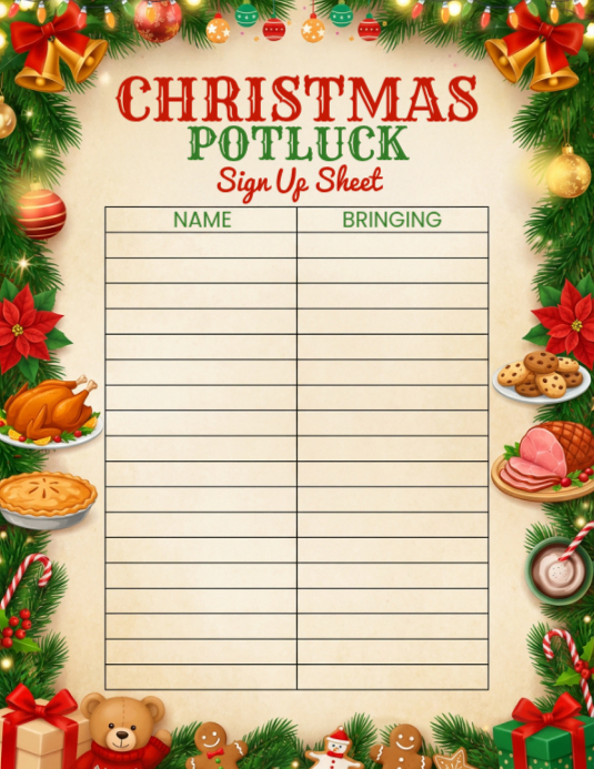Plantilla de Yellow List-based Christmas Potluck Sign Up Sheet Flyer ...