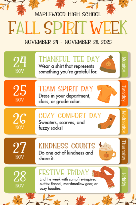 Yellow List-based Fall Spirit Week Flyer Poster Template | PosterMyWall