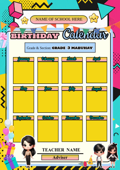 Yellow List-based Students Birthday Calendar A4 เทมเพลต | PosterMyWall
