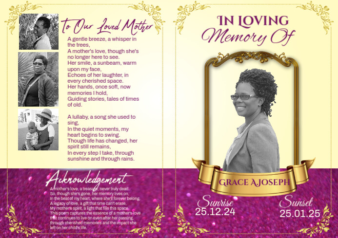Yellow Maximalist Bereavement Program A3 Template | PosterMyWall