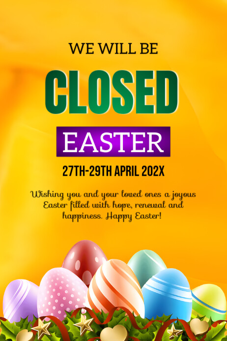Yellow Maximalist Closed For Easter Poster Template | PosterMyWall