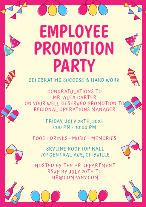 Yellow Maximalist Employee Promotion Party A4 Template | PosterMyWall
