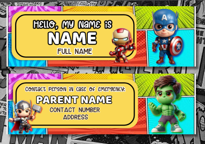 Yellow Maximalist Marvel Nametags A4 Template | PosterMyWall