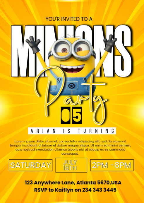 Yellow Maximalist Minions Party Celebration A6 Template | PosterMyWall