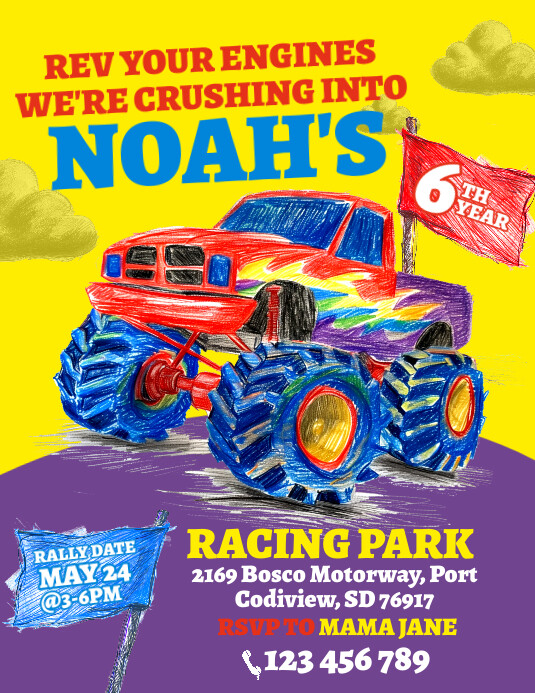 Yellow Maximalist Monster Truck Birthday Flye Template | PosterMyWall