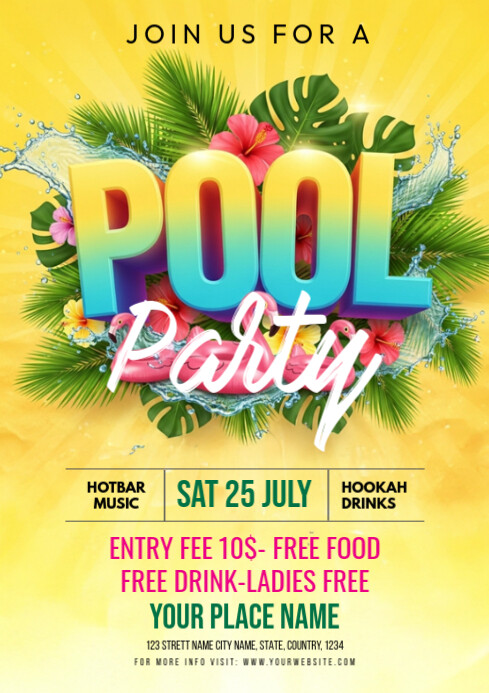 Yellow Maximalist Pool Party A4 Template | PosterMyWall