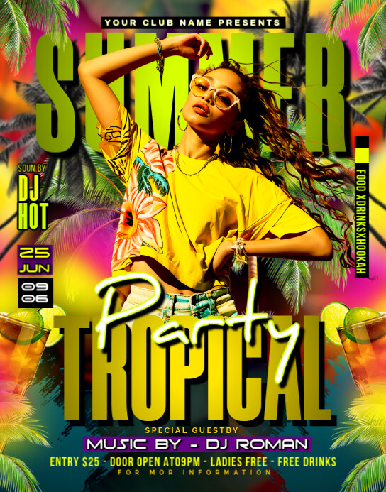 Yellow Maximalist Summer Tropical Party Flyer Poster/wallboard Template ...