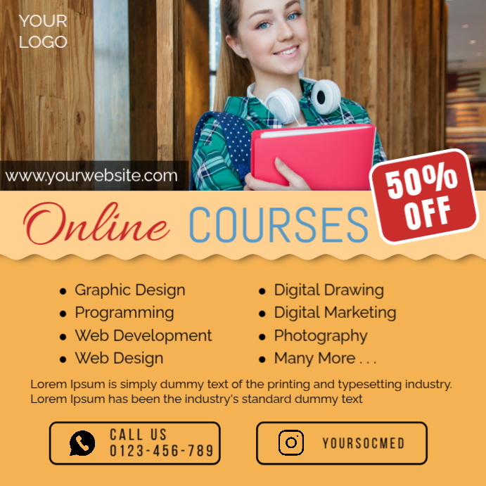 Yellow Modern & Minimal Online Courses Instagram Post Template ...