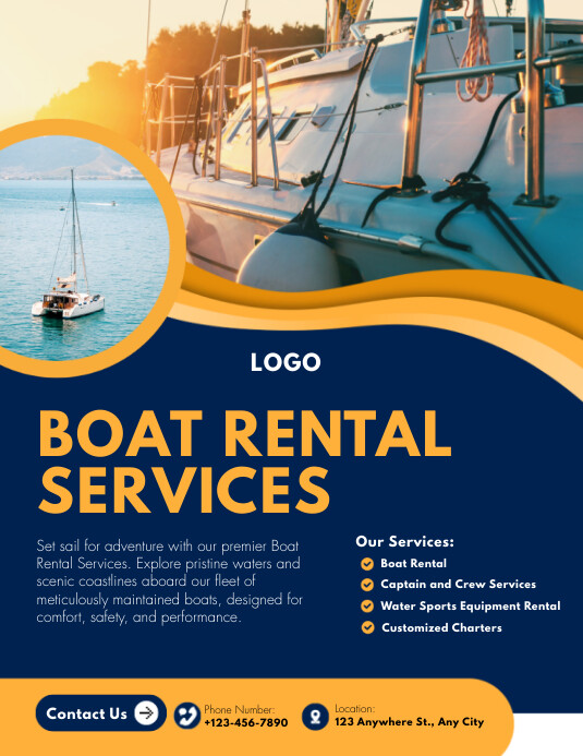 Yellow Navy Modern Boat Rental Services Flyer Template | PosterMyWall