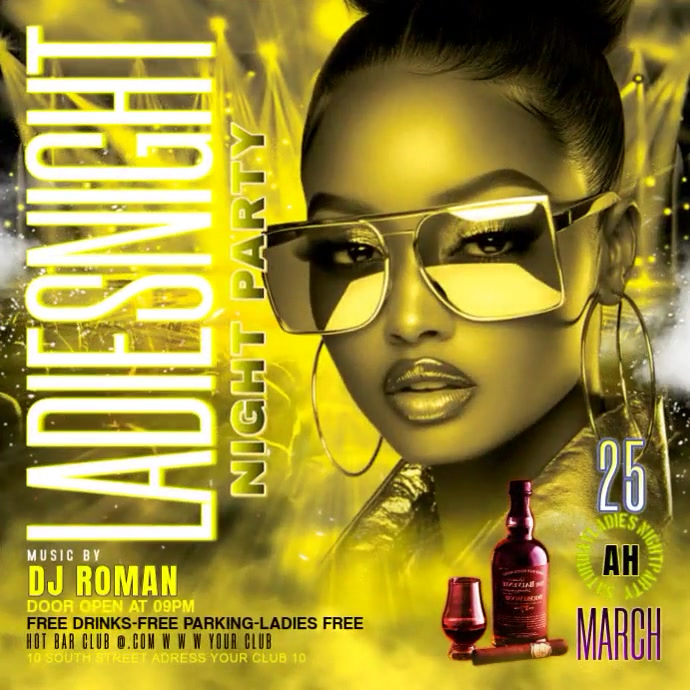 Yellow Neon Saturday Ladies Night Club Party Flyer Square (1:1 ...