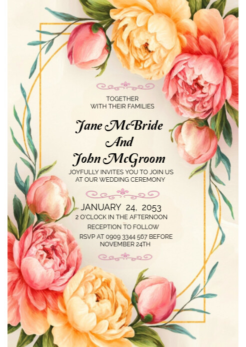 Yellow Pastel Floral Wedding Invitation Card A6 Template | PosterMyWall