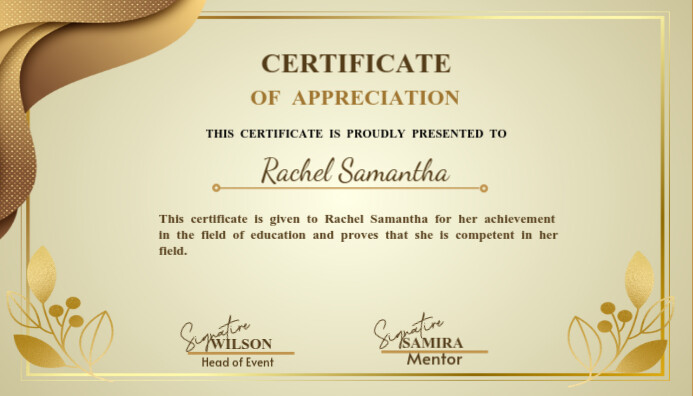 Yellow Pastel Gold And Brown Elegant Professional Certificate Of Appreciation Certificate ...
