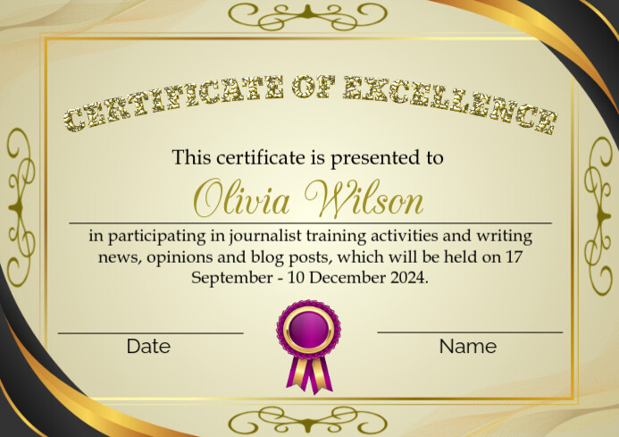 Yellow Professional Certificate Of Excellence Template A4 | PosterMyWall