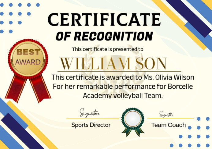 Copy of Yellow Professional Certificate Of Recognition A4 | PosterMyWall