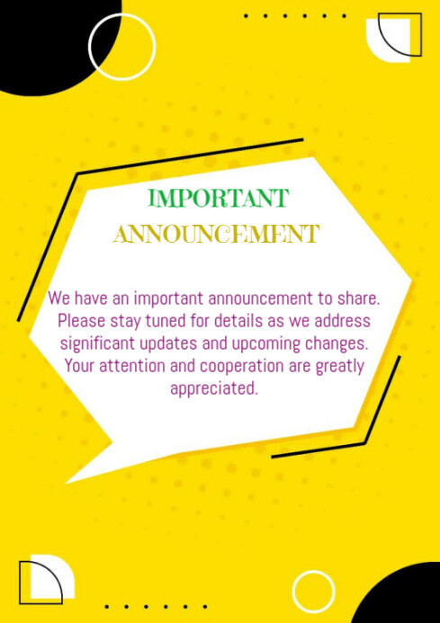 Plantilla de Yellow Professional Important Announcement Template A4 ...