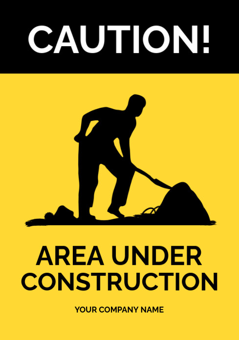 Yellow Typographic Caution Construction Area Road Sign Board A4 ...